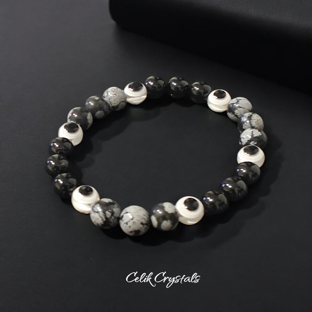 Evil Eye Bracelet with Snowflake Obsidian and Black Tourmaline Unisex